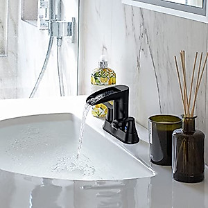 Black Bathroom Faucet 4 Inch 2 Handle - WaterSong Waterfall Bathroom Sink Faucet with Pop-up Drain & cUPC Lead-Free Water Supply Hose, Centerset 360° Swivel Spout Bathroom Faucet, RV Farmhouse Modern