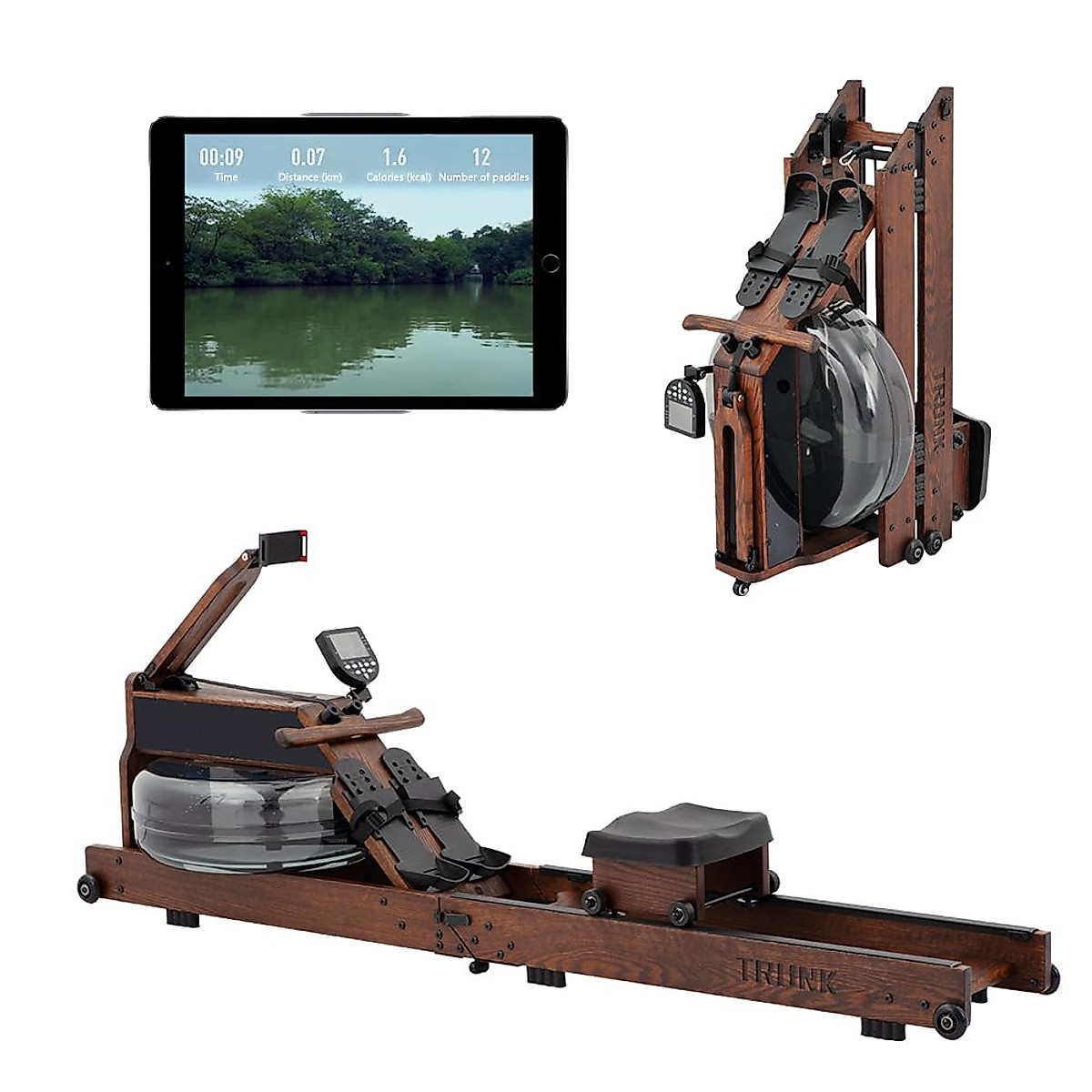 TRUNK Foldable Water Rowing Machine for Home Gym Fitness, Classic Solid Wood Rower Machine with Bluetooth Monitor Whole Body Exercise Cardio Training (Included a Phone Holder)