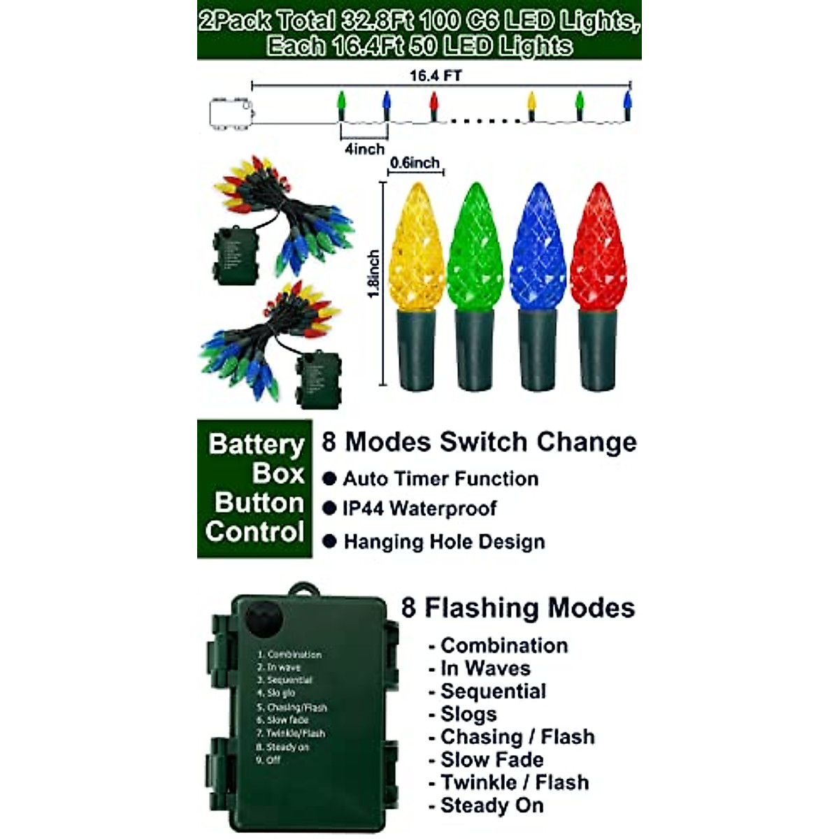 ZOFUNNY 2 Pack C6 Christmas String Light Decor, Total 32.8Ft 100LED Timer 8 Mode Battery Operated Waterproof Xmas Fairy Lights Garden Christmas Tree Decor Home Indoor Outdoor Party, 50LED 16.4Ft Each