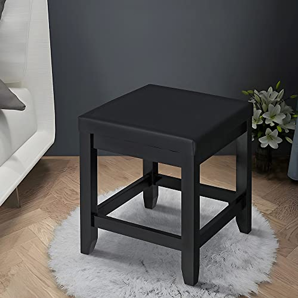 Iwell Large Vanity Stool with Solid Wood Legs, Capacity 330lb, Vanity Bench, Vanity Chair, Dressing Stool for Bedroom, Bathroom, Piano Seat, Black