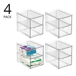 mDesign Stackable Storage Containers Box with 2 Pull-Out Drawers - Stacking Plastic Drawer Bins for Master or Guest Bathroom, Linen Closet, Vanity, Makeup Table Lumiere Collection 4 Pack, Clear