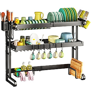 Over The Sink Dish Drying Rack, 3 Tier Adjustable Length Kitchen Counter Dish Rack Over Sink, Large Dish Drainer with Utensil Cup Holder, Black