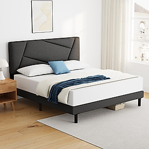 Generic Queen Bed Frame Upholstered Platform with Headboard, Linen Fabric Wrap, Strong Frame and Wooden Slats Support, Easy Assembly No Box Spring Needed,Non-Slip and Noiseless, E Dark Grey