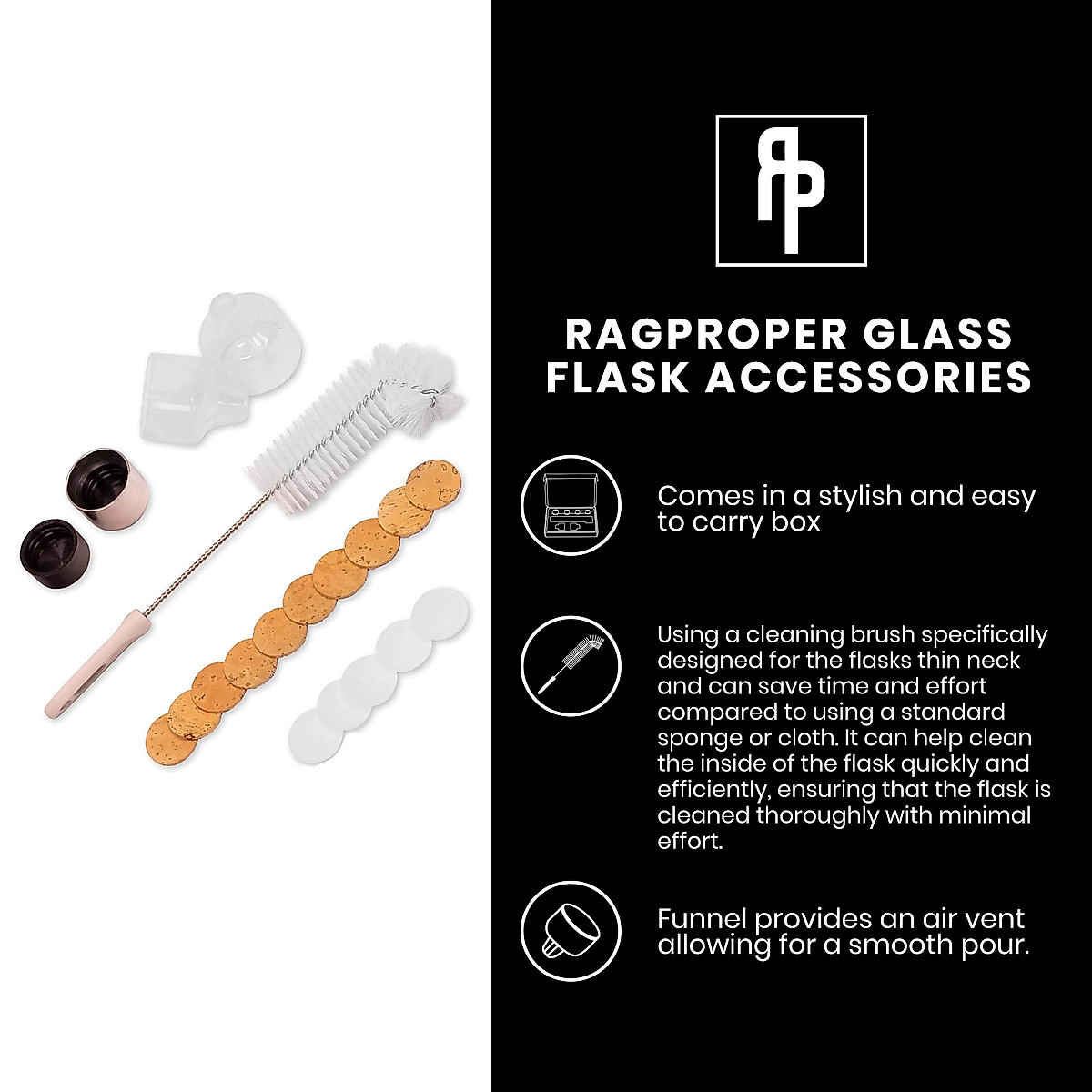 Ragproper Glass Flask Accessory Kit - Cleaning Set with Cleaning Brush, Silicone & Cork Lid Liners, Stainless Steel & Plastic Lids & Smooth Pour Funnels (Double Shot, 240mL)