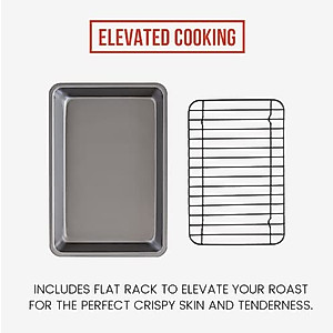 Chef Pomodoro Nonstick Carbon Steel Small Roasting Pan Roaster with Flat Rack, Grey, Bakeware Toaster Oven Countertop Oven Baking, Single Serving (Mini)