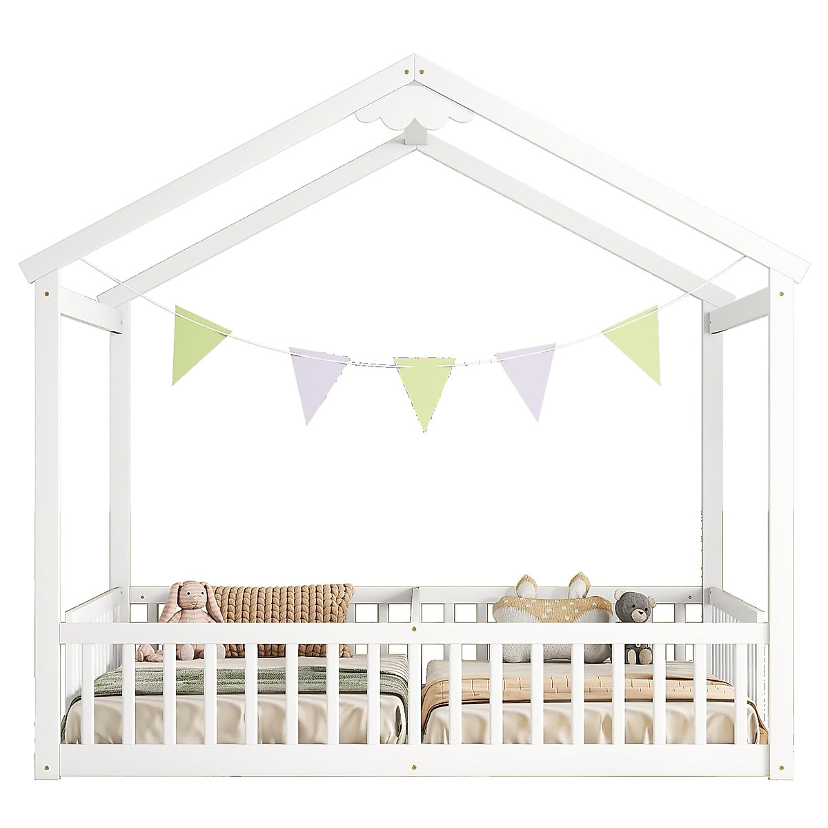 Luckiofvonne Double Twin Bed Frames for Kids, Twin House Bed for 2, Wood Montessori Floor Beds Frame with Fence Railings, Two Shared Beds for Boys Girls Teens, White