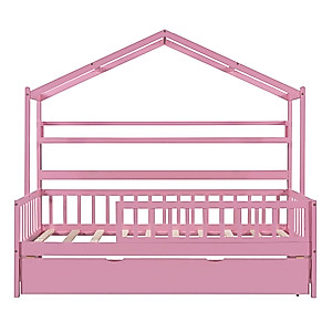 Harper & Bright Designs Wooden Twin Size House Bed with Trundle,Kids Bed with Shelf, White (Twin, Pink+Trundle1)