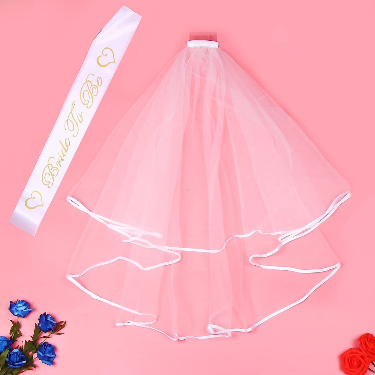CCINEE Bridal Veil,Women's Simple Tulle Short Wedding Veil for Wedding Hens Party Bachelorette Party Decorations Bride To Be Gift(White Veil+White Sash)