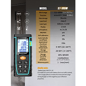 Aicevoos Laser Measure 328ft,Digital Laser Distance Meter, M/in/Ft Unit Switching Backlit LCD 4 Line Display IP54 Shockproof,Measure Distance, Area and Volume | 100M