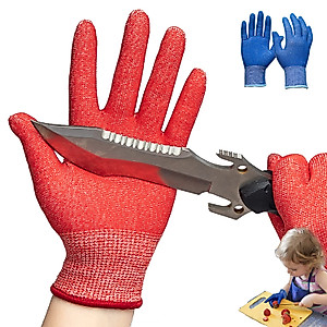 Schwer 2 Pairs ANSI A6 Kids Cut Resistant Gloves, Food Grade Work Gloves, S(9-14 Years), Cut Gloves for Kitchen, Mandoline, Gardening and DIY（Blue&Red）