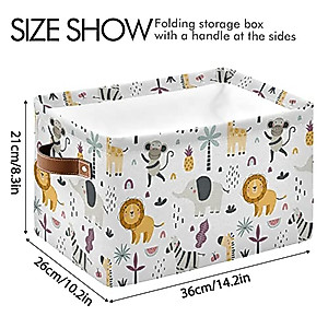 Storage Bin Basket 1 pcs Large Foldable Clothes Bag Collapsible Fabric Laundry Hamper Folding Washing Bin (Rectangle-Elephant Zebra Lion Monkey Animal)