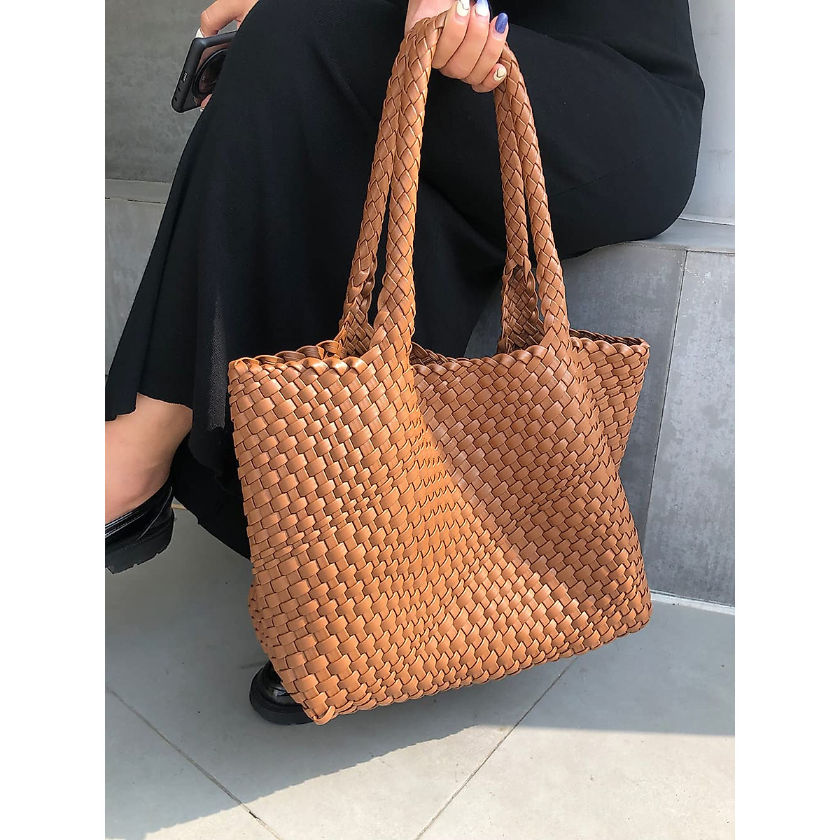Brown Vegan Leather Woven Tote Bag for Women - Large Beach Bag with Small Purse, Handmade Top-handle Travel Handbag