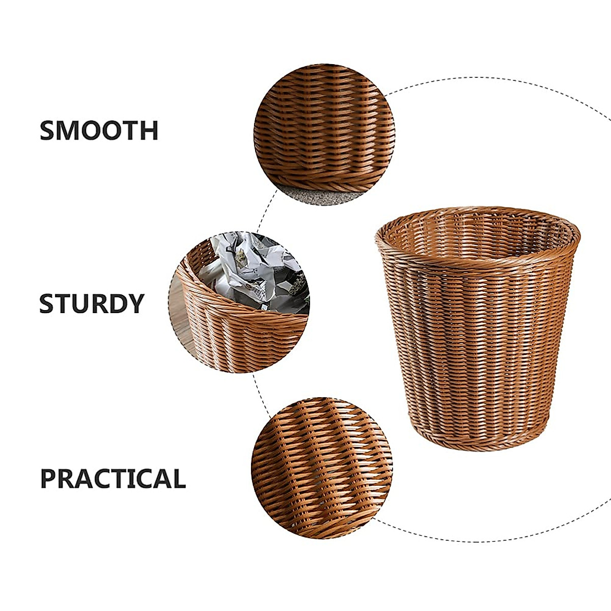 BESPORTBLE Household Wastebasket Storage Basket Artificial Rattan Trash Can, Wooden Storage Bin, Household Trash Basket, Suitable for Kitchen, Living Room, Bedroom Wicker Storage Basket