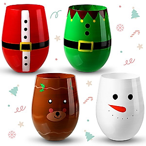 4 Pcs Christmas Stemless Wine Glasses Set Christmas Party Decoration Christmas Wine Glasses 17oz Santa Elf Snowman Elk Wine Glasses Set Christmas Gift Holidays Christmas Birthday Holiday Party Supply