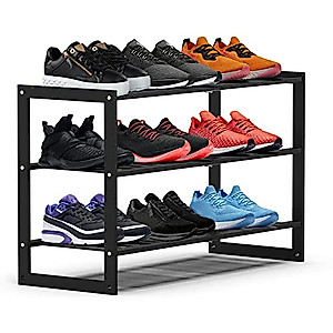 Bamboo Shoe Rack for Closet, 3-Tier Dampproof Shoe Organizer Free Standing Shoe Racks for Entryway and Closet Hallway Black Waterproof Shoe Storage Organizer for Indoor Outdoor (Black, 3-Tiers)