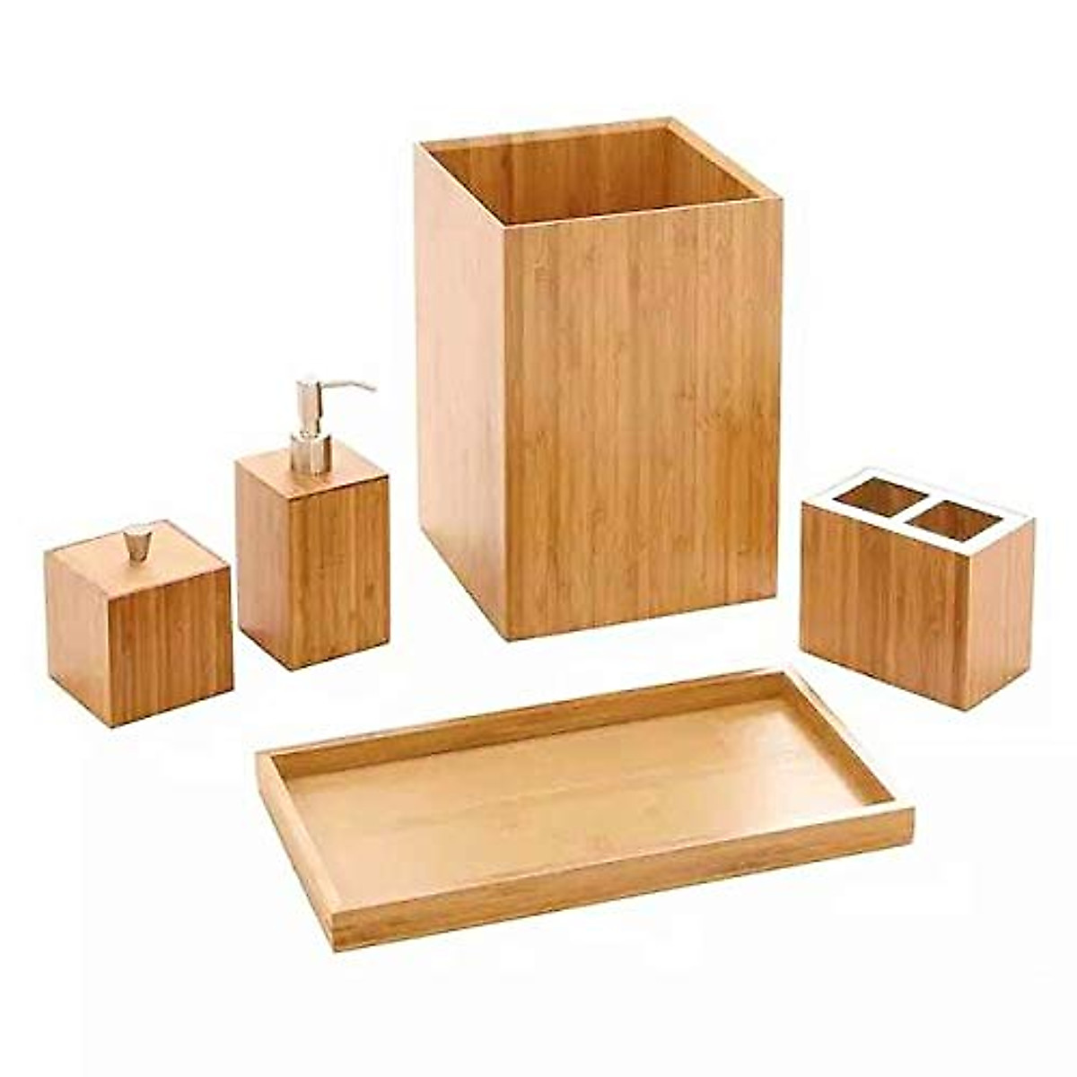 Elegant 5 Piece Bamboo Bathroom Accessories Set Deluxe Vanity Accessory Set with Wastebasket Updated Premium Bamboo Bath Set