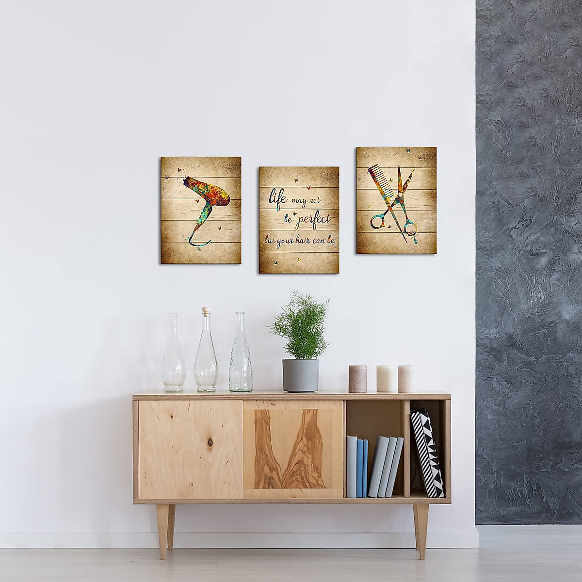 KREATIVE ARTS Canvas Set of 3 Ready to Hang Beauty Salon Canvas Wall Art Haircut Tools with Quotes Painting Fashion Pcitures for Hair Barbershop Hair Salon