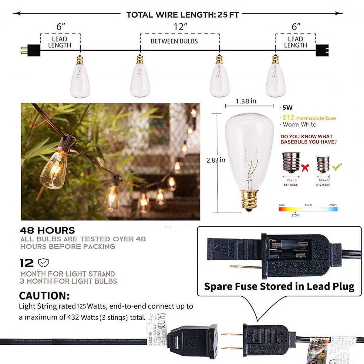 SUNSGNE 25Ft Outdoor String Lights with 27 Edison Bulbs (2 Spare), Waterproof Connectable ST35 String Light for Backyard Porch Balcony Party Decoration, E12 Socket Base, Black Wire