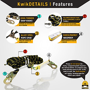 KwikSafety - Charlotte, NC - TSUNAMI [Premium BRAIDED ROPE] Vertical Lifeline ANSI OSHA Rope Grab Snap Hook Shock Absorber Fall Protection Line Kit Restraint System Roofing Safety Equipment / 50 FT.