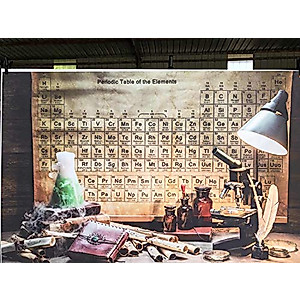 Leyiyi 5x3ft Vintage Chemistry Lab Backdrop Rustic Wooden Cottage Retro Maps Chemist Microscope Retro Periodic Elements Table Quil Photo Background Cowboy Kids Portrait Studio Prop Vinyl Banner