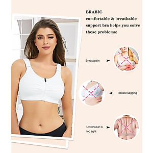 BRABIC Zip Front Closure Everyday Bra for Women Post Surgery Compression Support with Adjustable Straps Wirefree (Medium, White)