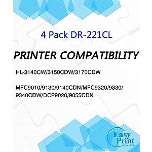 EASYPRINT (4 Pack) Compatible DR221 DR-221CL Drum Unit Use for Brother DCP-9020CDW HL-3140CDW HL-3170CDW MFC-9140CDN MFC-9330CDW Printer (BK/C/M/Y)