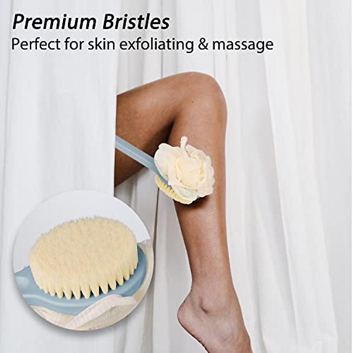 IMAVO Shower Body Brush,Dual-Sided Bath Brush with Bristles and Loofah,Long Handle Back Scrubber for Shower,Anti Slip Back Washer for Skin Exfoliating,Suitable for Wet or Dry Brushing(Blue)