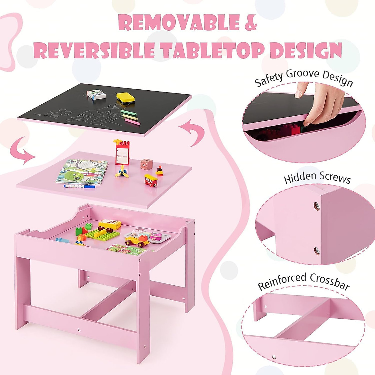 LDAILY Kids Table and Chairs, 3 in 1 Wooden Kids Table with Storage Drawer, Removable Blackboard, Reversible Tabletop, Toddler Table and Chair Set for Drawing, Reading, Writing, Playroom (Pink)
