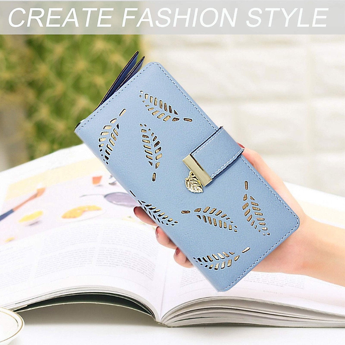 Women’s Long Zipper Fold Wallet with Leave Form Pendant Multifunctional Card Holder Clutch Purse with Snap Fastener(blue)