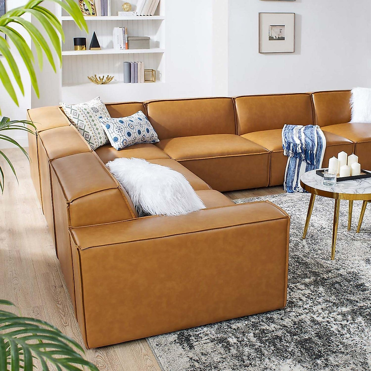 Modway Restore 6-Piece Vegan Leather Sectional Sofa in Tan