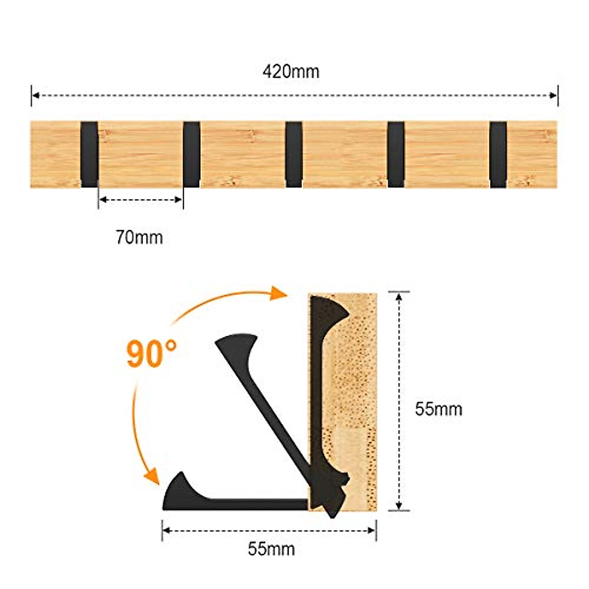 GOGOCOOL Bamboo Wall Mounted Coat Hooks Hanger, 20kg Maximum Bearing, Black Foldable Hook Type, Natural Wall Coat Hanger, 70mm Space Between Hook and Hook(5 Hooks)