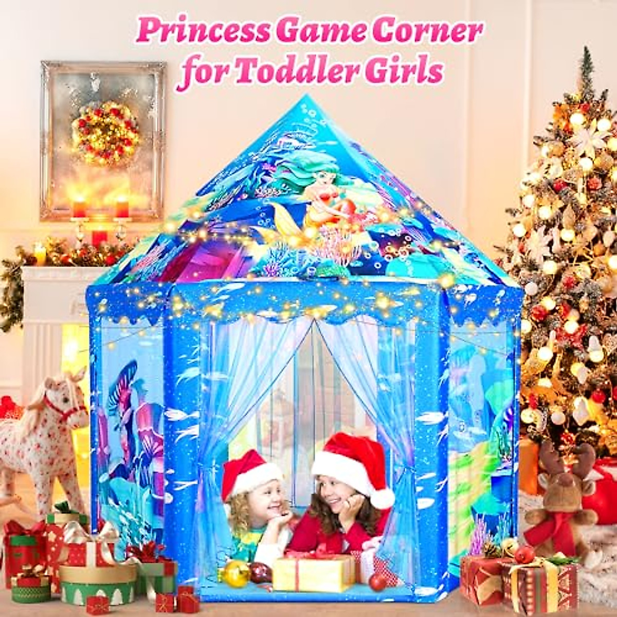 Christmas Princess Mermaid Play Tent - Large Playhouse for 2-10 Year Old Girls, Indoor Outdoor Castle Toy for Toddlers