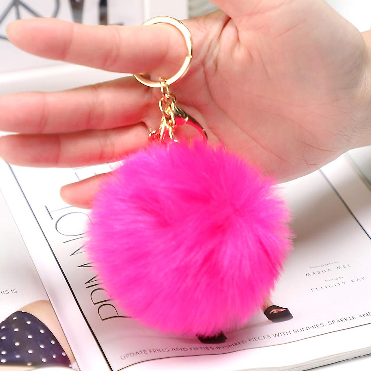 Soleebee Soft Artificial Rabbit Fur Keychain Plush Ball Key Ring Cute Pom Pom Bag Charm for Women Girls (A-Hot Pink)