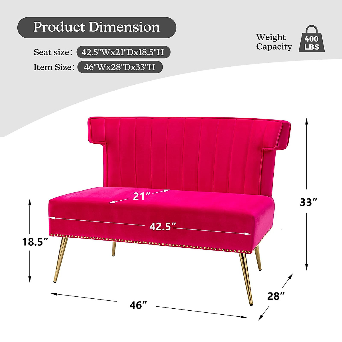 HULALA HOME Mid-Century Velvet Upholstered Loveseat Sofa Armless, Modern Loveseat Couch with Golden Metal Legs, Living Room Tufted Velvet 2 Seater Sofa Chairs for Apartment Small Spaces（FUCHSIA）