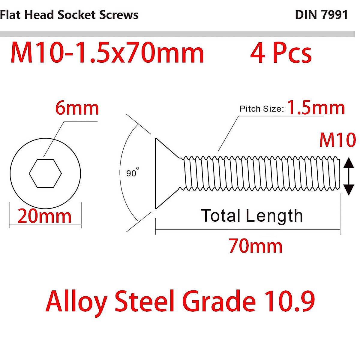 M10-1.5 x 70mm Flat Head Socket Cap Screws,Alloy Steel Grade 10.9, DIN 7991,Black Oxide, Allen Hex Drive,Hex Socket Drive, Fully Thread 4Pcs
