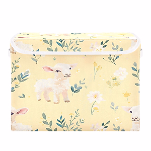DALAWU Containers Baskets with Lids Cartoon Cute Lamb Fabric Foldable Storage Bins Organizer with Lid Collapsible Storage Boxes for Home Bedroom Closet Office