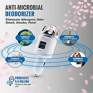 Car Air Purifier 3in1 Premium Stainless Steel HEPA Filter Ionizer w/Dual USB Quick Charge 3.0 USB-Eliminate Allergens Odor Smell, Smoke, Pets, Pollen Mold Bacteria w/Anti-Microbial Deodorizer (White)