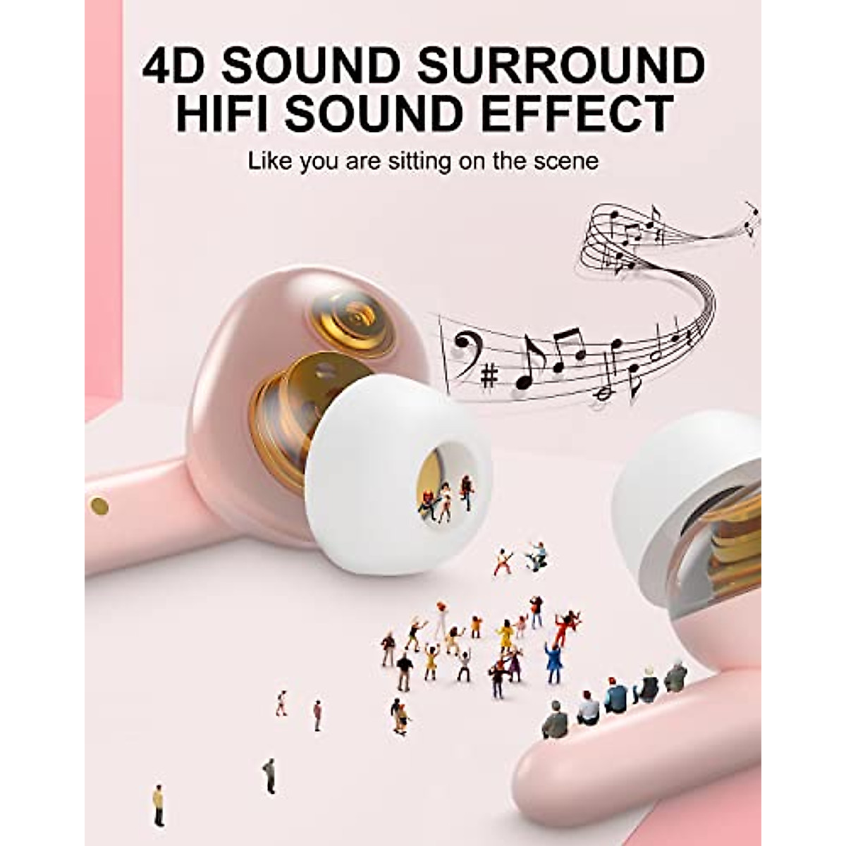 True Wireless HiFi Earbuds，Bluetooth Headphones with 4 Speakers,Hi-Res Audio 30H Playtime Earphones with LED Display Charging Case, Touch Control in-Ear Earbuds with Mic for Phones Games Sports Pink