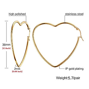 Women's Stainless Steel Gold Plated Heart Shape Hinged Large Hoop Earring,Anti-allergy