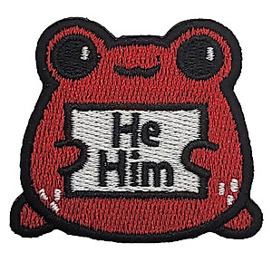 Pronoun "Statement Frogs" Embroidered Patch- USA Made- Multiple Colors Available (Red He/Him)