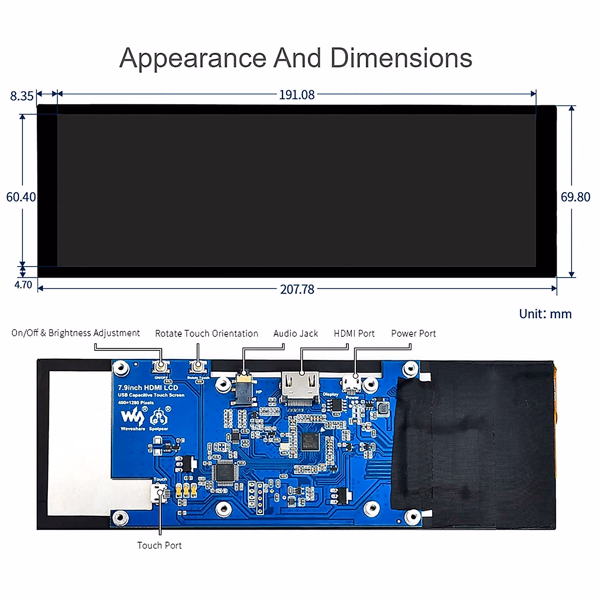 waveshare 7.9inch HDMI LCD 7.9" 400x1280 Capacitive Touch Screen LCD IPS Display Monitor, Toughened Glass Cover Support Raspberry Pi/Jetson Nano/PC/Windows 10/Raspbian/Ubuntu/Kali/WIN10 IoT/Retropie