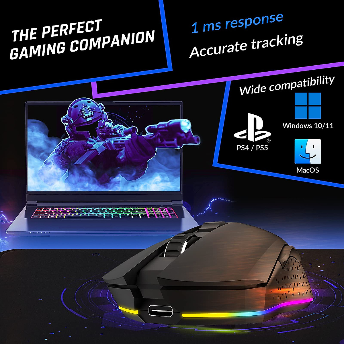KLIM Blaze Rechargeable Wireless Gaming Mouse RGB New 2024 - High-Precision Sensor and Long-Lasting Battery - 7 Customizable Buttons - Up to 10000 DPI - Wired & Wireless Mouse for PC Mac & PS4 PS5