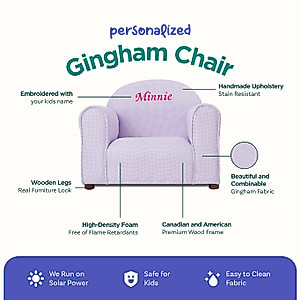 Keet Personalized Toddler Chair, Customize with Name, Personalized Kids Chair, Embroidered with Name, Kids Armchair Personalized, Easy to Coordinate, Ages 2-5 Years, Kid Sofa Chair, Gingham Lavender