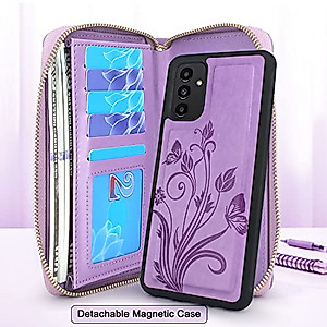 Lacass Compatible with Samsung Galaxy A13 5G /4G LET Crossbody Chain Dual Zipper Detachable Magnetic Leather Wallet Case Cover Wristlets Wrist Strap 13 Card Slots Money Pocket(Floral Purple)