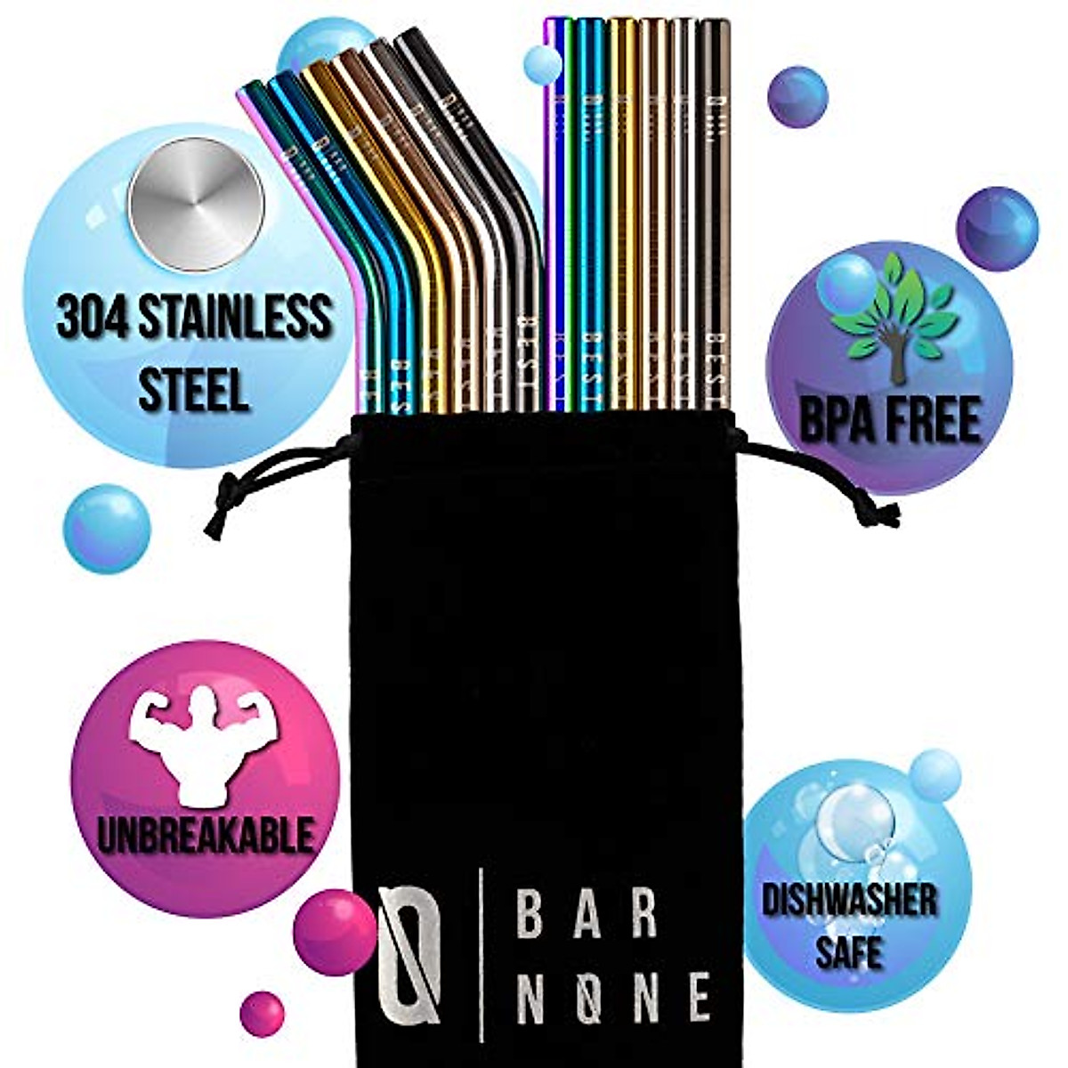 BAR NONE Best Straws Set of 12 | 10.5" Long Wide Rainbow Multi Colored Stainless Steel Metal Drinking Straws Reusable Straight & Curved Cleaning Brushes & Silicone Tips Straw Brush Cup Drinks