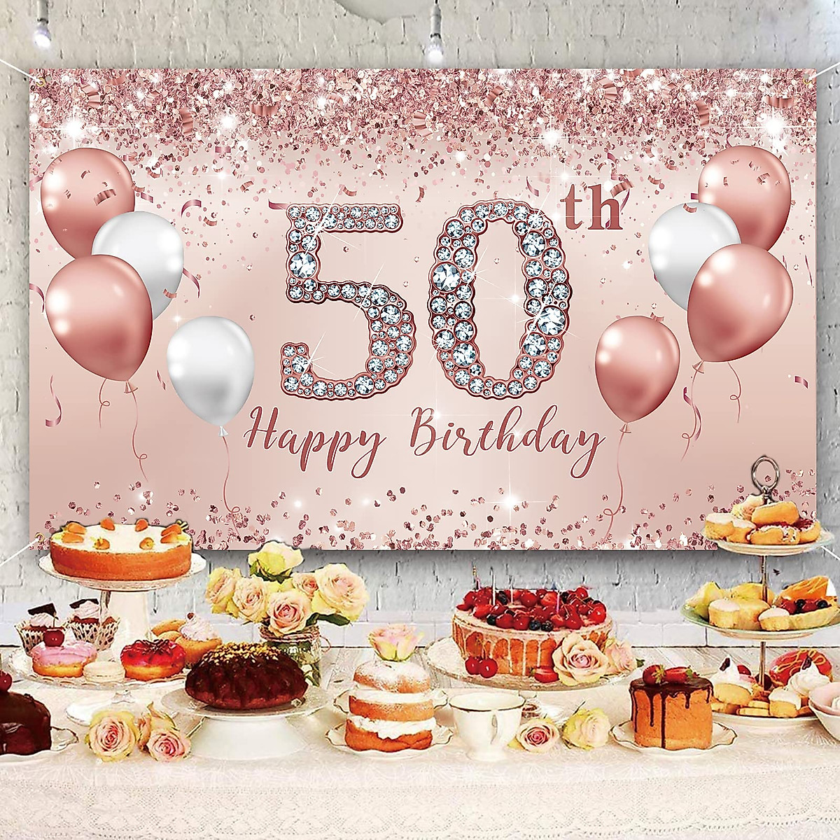 Trgowaul 50th Birthday Decorations for Women, Pink Rose Gold 50th Birthday Banner Backdrop 50 Birthday Party Decorations for Women Turnin 50, 50th Fabulous Birthday Background Birthday Gift for her