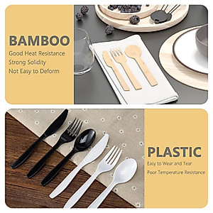 Raslate 3 Bamboo Silverware Utensil Organizers Flatware Holders with Biodegradable Wooden Cutlery Set Disposable 25 Forks 25 Spoons 25 Knives for Eating Eco Friendly Serving Natural Cutlery