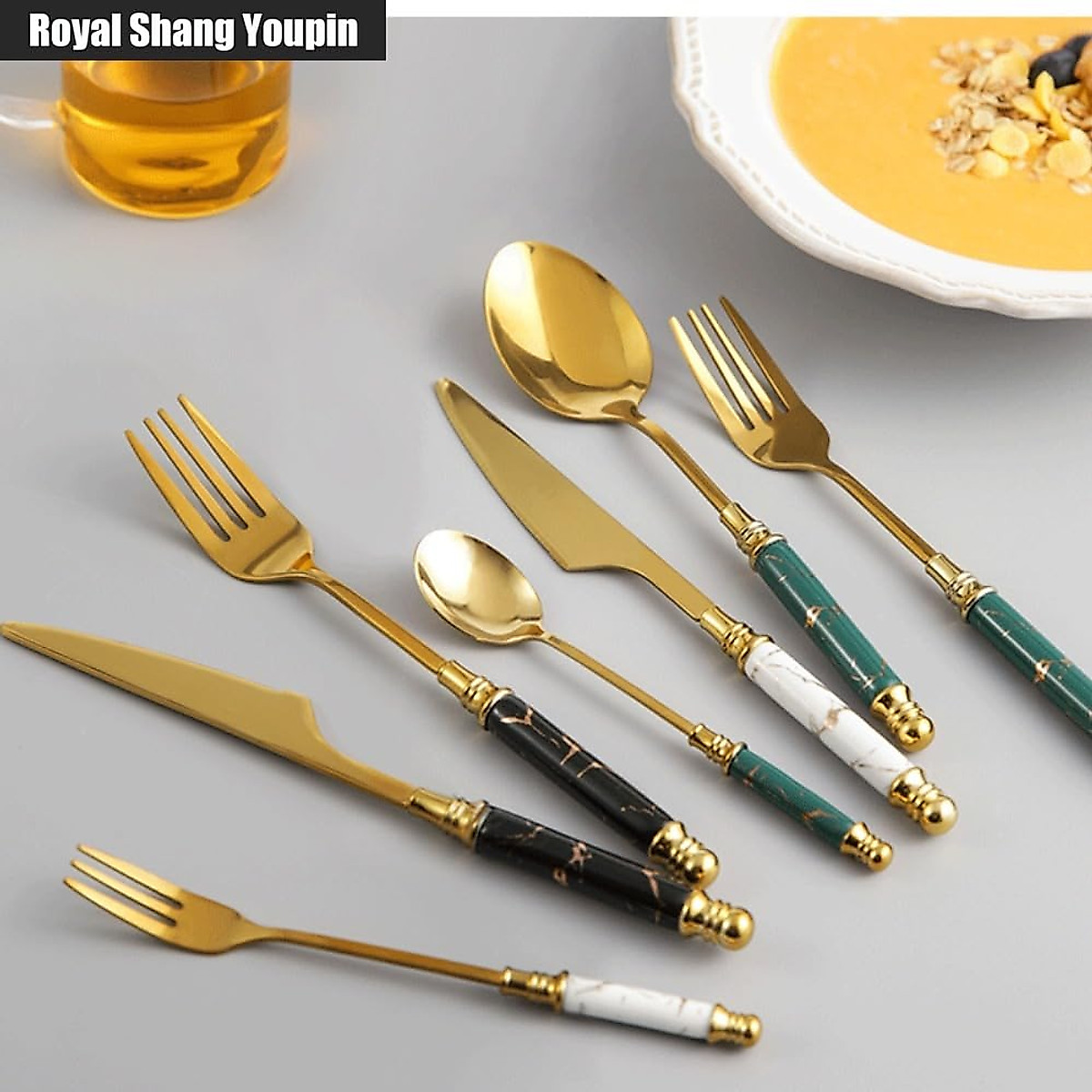 Royal Shang Youpin Ceramic Handle Kitchen Stainless Steel Silverware Tableware Flatware Cutlery Set Steak Knife Fork Spoon Teaspoon (Black,16 pieces)