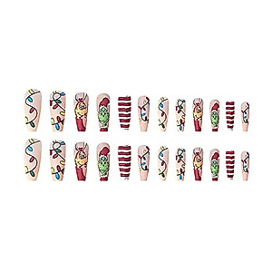 24Pcs Christmas Press on Nails Long Fake Nails Acrylic Ballet Nail Christmas Coffin Nail Full Cover Nail Grinch Design Artificial Cartoon Nails for Women and Girls