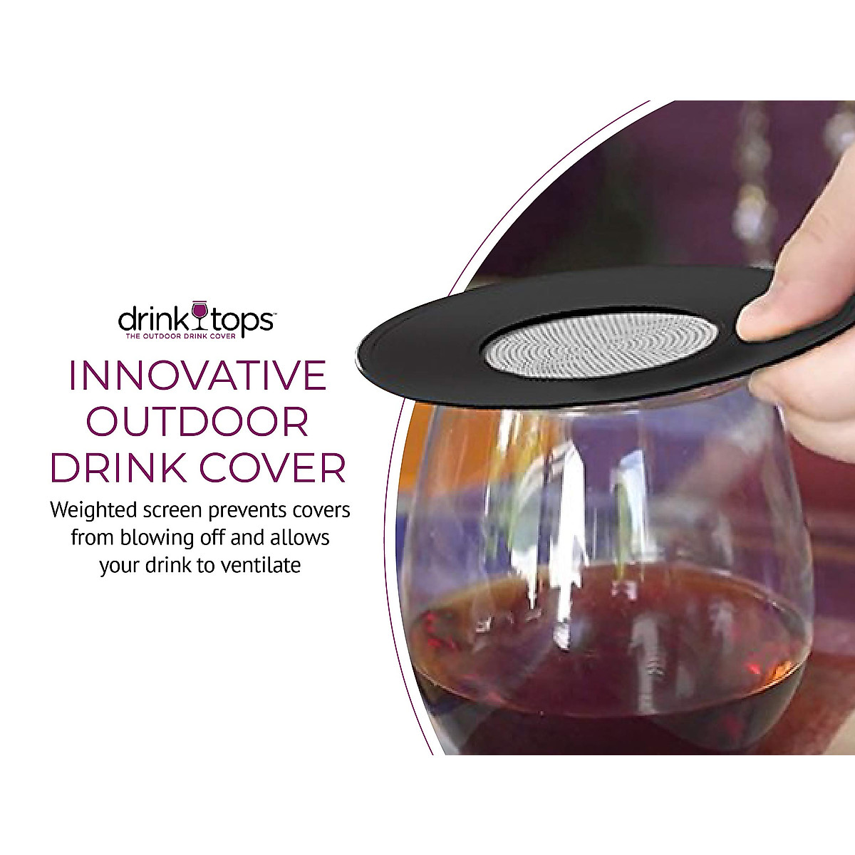 Coverware Drink Tops Ventilated Silicone Wine Glass Covers - Weighted Cover with Screen Allows Wine to Breathe - Outdoor Wine Glass Covers to Keep Particles Out - BPA Free - 4 Pack
